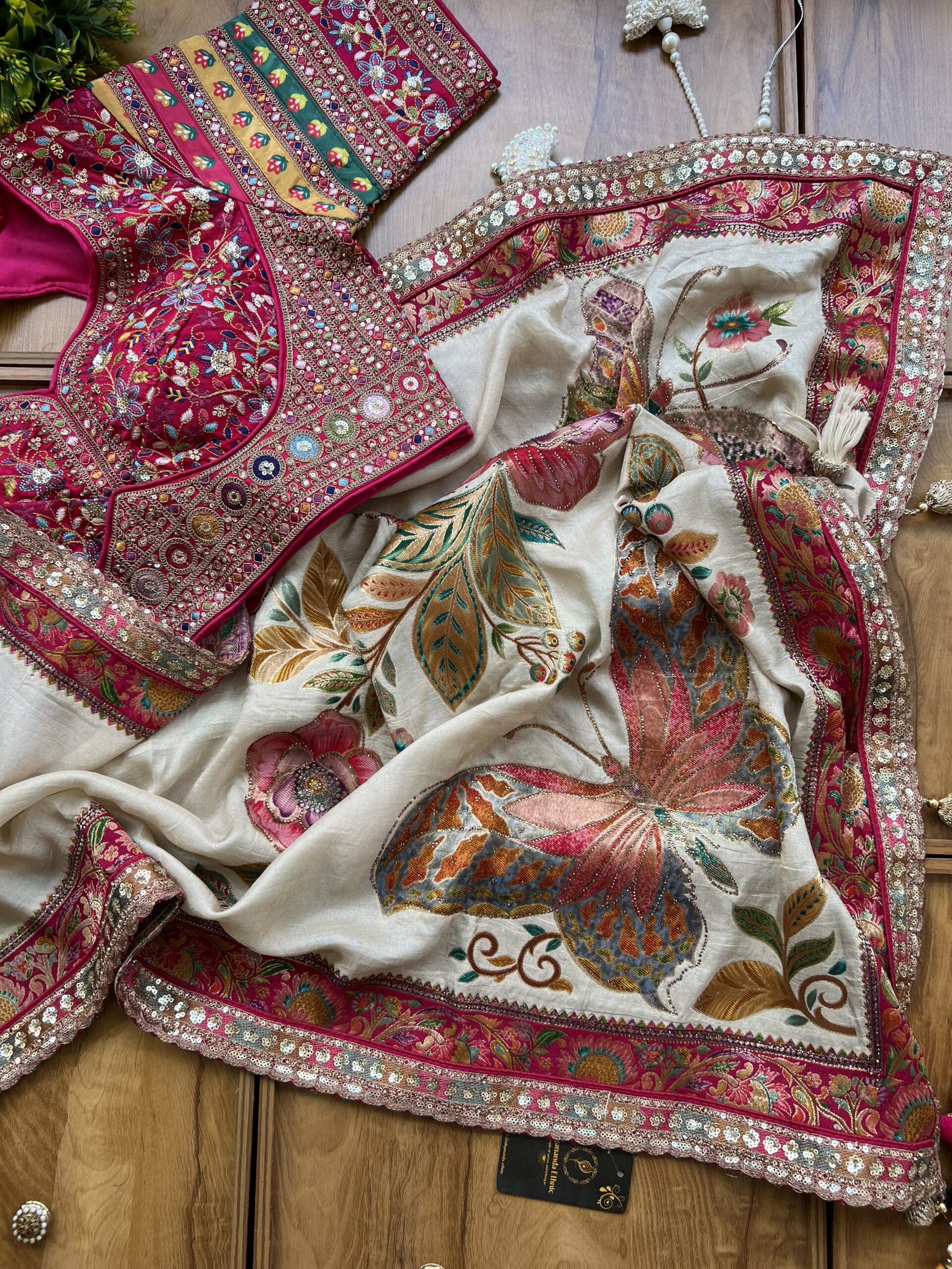 Ivory Maheshwari Silk Khaddi Rangkaat Saree with Stitched Blouse ...